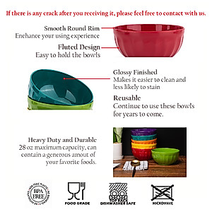 KOXIN-KARLU 6-inch Melamine Fluted Bowls, 28-ounce Bowls for Snack and Cereal or Salad, set of 6 Multicolor