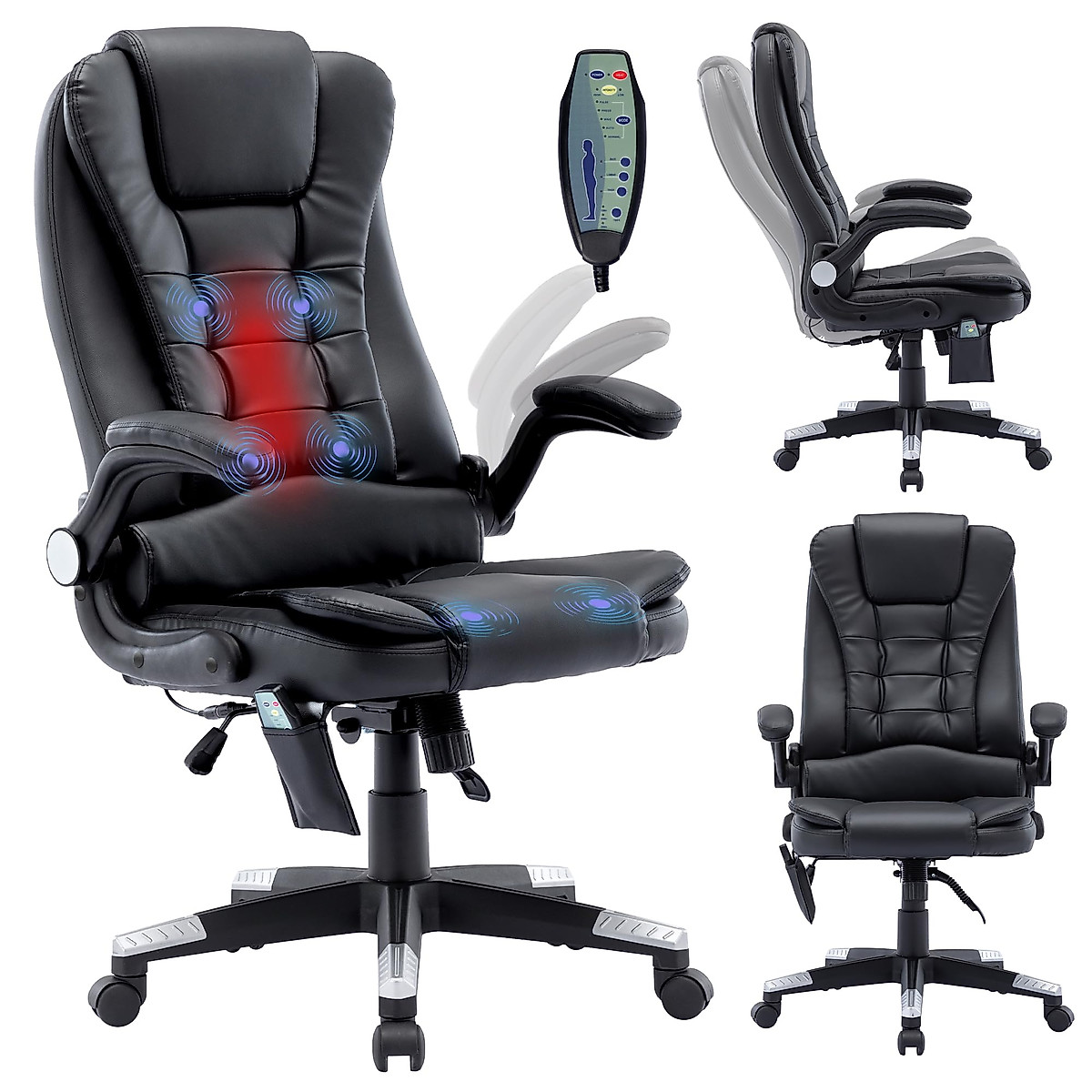GNMLP2020 Leather Executive Office Chair, Massage Office Chair with Heated, High Back Leather Desk Chair with Lumbar Support and Flip-up Armrest, Comfortable Home Office Desk Chairs