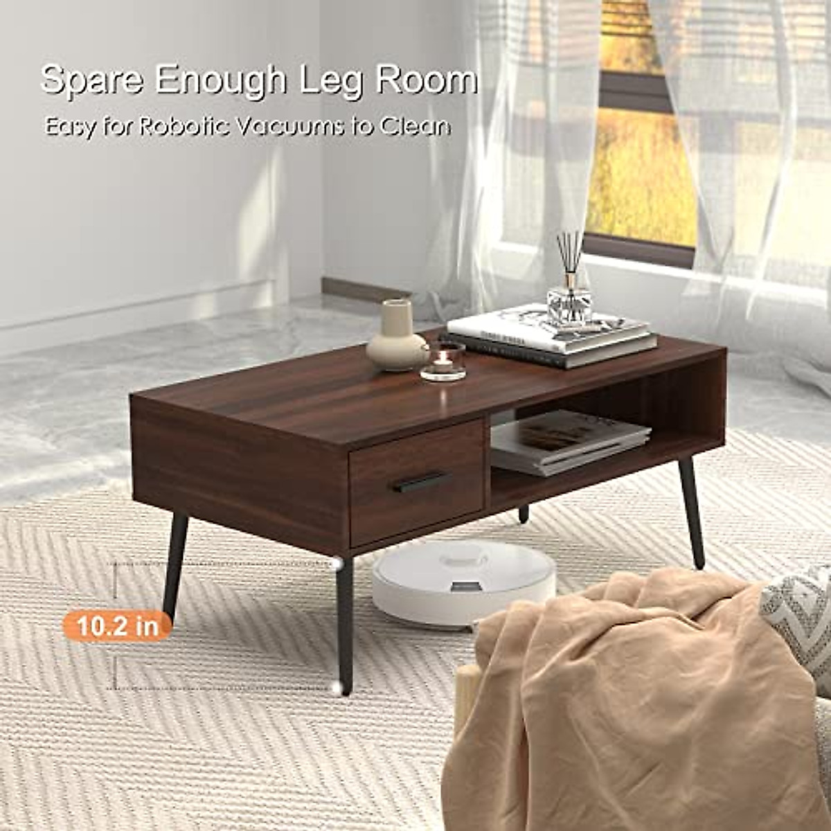 HAIOOU Coffee Table, Mid Century Modern Style Cocktail Table TV Stand with Drawer, Open Storage Shelf, Stable Floor-Anti-Scratching Pine Leg for Home, Office, Living Room - Walnut