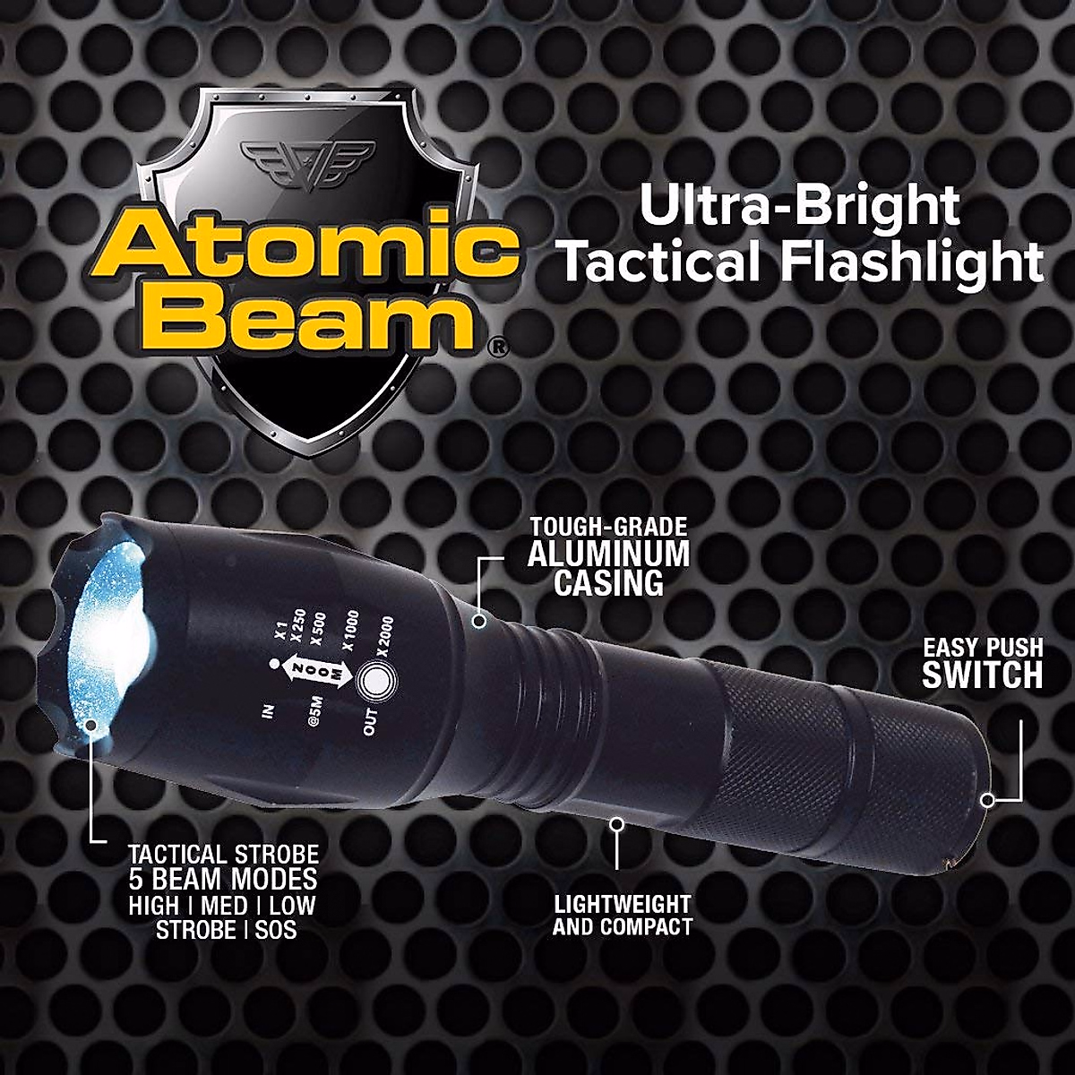 Atomic Beam LED Flashlight by BulbHead, 5 Beam Modes, Tactical Light Bright Flashlight (1 Pack)