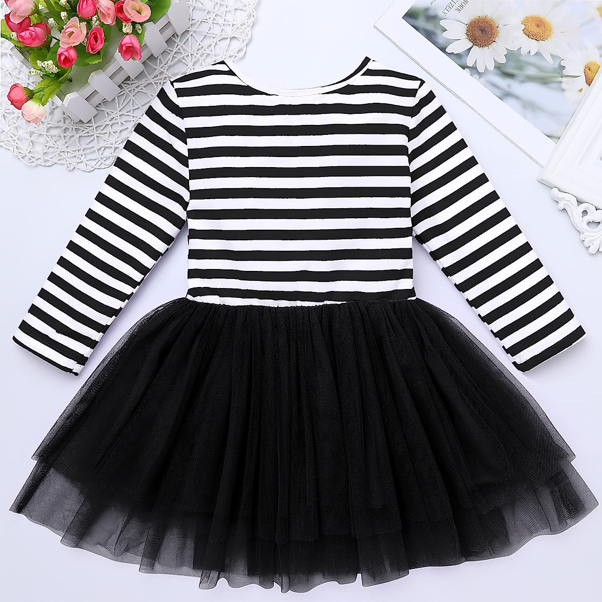 Baby Girls Shinny Stripe Long Sleeve Printed Princess Casual Birthday Tutu Tulle Dress Black(3 Years)