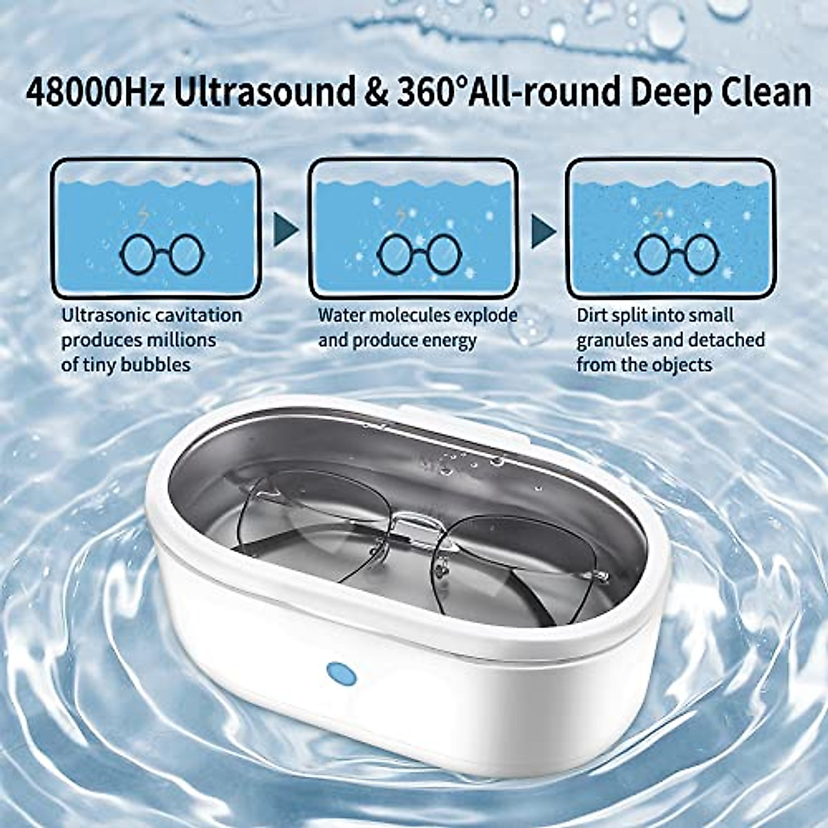 Ultrasonic Jewelry Cleaner High Capacity SUS304 Tank Cleaning Eyeglasses Machine 48KHz Portable and Low Noise Ultrasonic Machine for Ring, Earrings, Necklace, Silver, Retainer, Watches, Coins, Razors