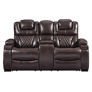 Signature Design by Ashley Warnerton Faux Leather Power Reclining Loveseat with Center Console, Brown