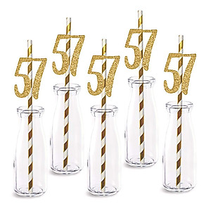 57th Birthday Paper Straw Decor, 24-Pack Real Gold Glitter Cut-Out Numbers Happy 57 Years Party Decorative Straws