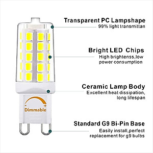 AIPLAMP G9 led Light Bulb Daylight White Dimmable 4W 6000K,Equivalent to 25W 30W 40W Halogen Light, 450Lm 100-120V AC,No Strobe, Flicker Free,360 Degree Angle, g9 dimmable, G9 Bulb,5 Pack