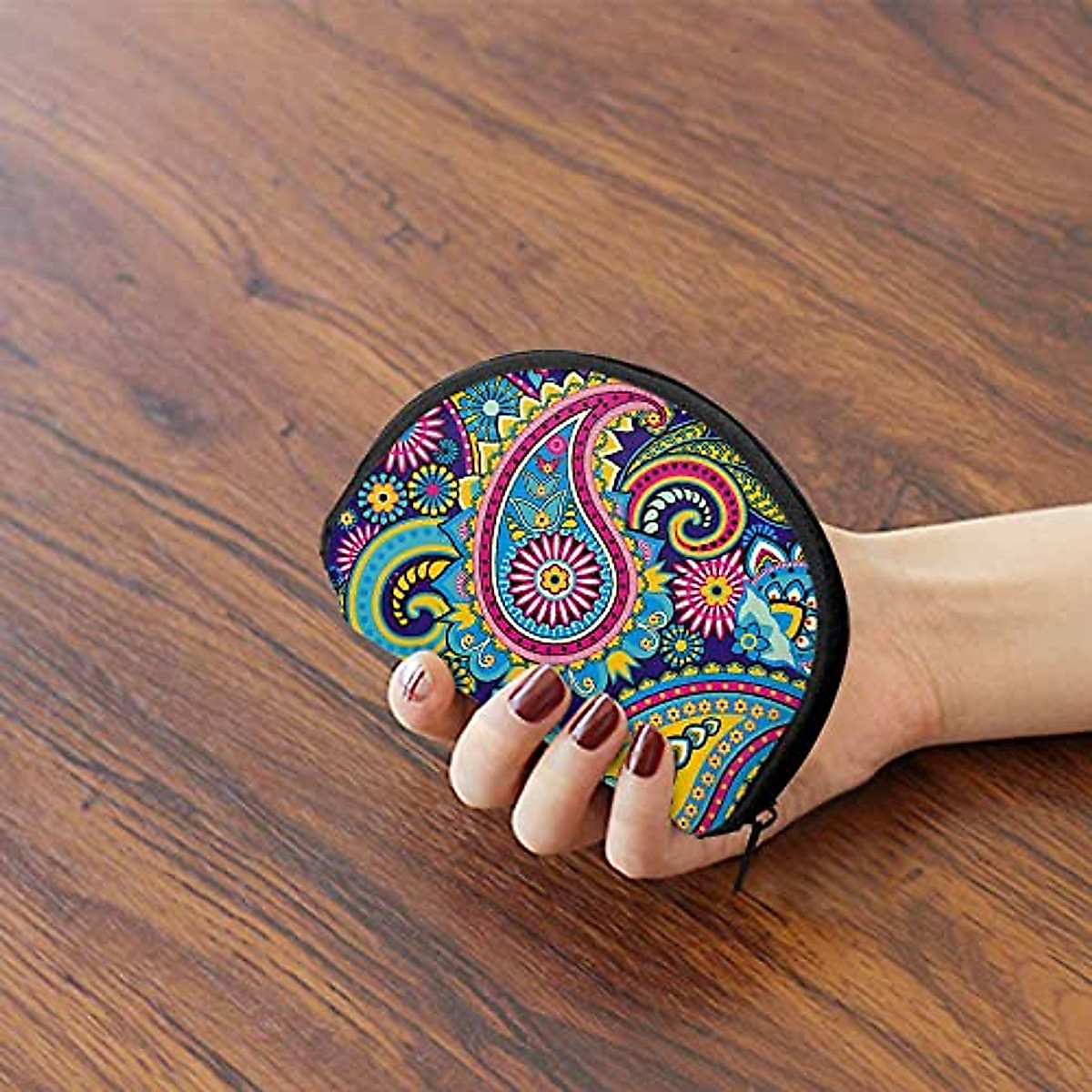 IBILIU Small Coin Purse Navy And Blush Fabric By The Yard Old Fashioned Eastern Floral Paisley Motif Vintage Mini Wallet Coin Pouch Change Purse For Women Men