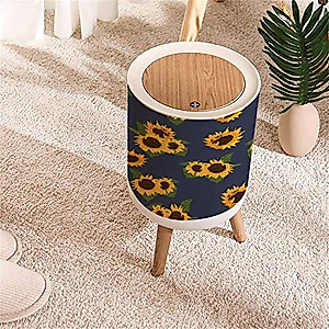 Small Trash Can with Lid Sunflower and Leaf Seamless Flat Watercolor Style Navy Sun Flowers and Round Recycle Bin Press Top Dog Proof Wastebasket for Kitchen Bathroom Bedroom Office 7L/1.8 Gallon
