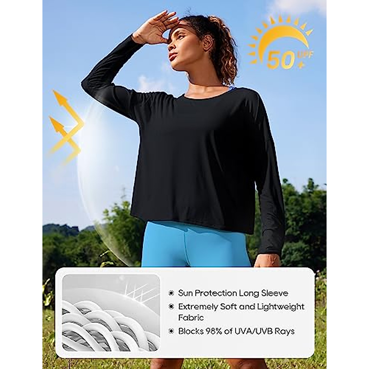 CRZ YOGA UPF 50+ Long Sleeve Shirts for Women Lightweight Workout Crop Tops Sun Protection Outdoor Quick Dry Hiking Shirt Black Medium