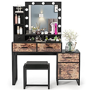 PAKASEPT Makeup Desk with Mirror and Lights, Desk and Chair, Vanity Table Set with Cushioned Stool, Shelves & Drawers, Storage Cabinet for Bedroom, Brown
