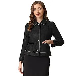 Allegra K Tweed Blazer for Women's Plaid Long Sleeve Vintage Outwear Work Office Short Jacket Coat X-Large Black