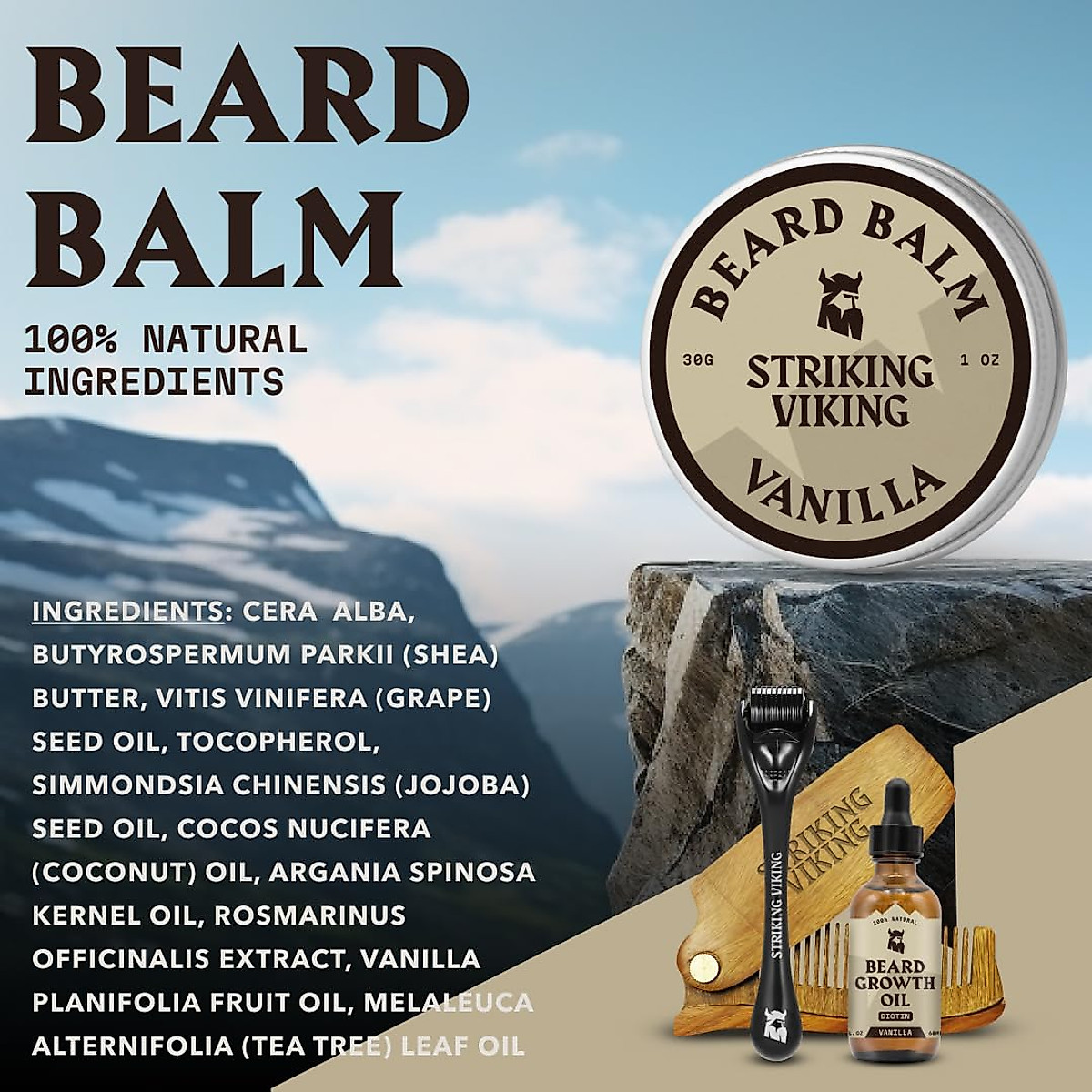 Striking Viking Beard Oil and Balm - Leave in Beard Conditioner - Tames, Styles, Softens, and Moisturizes Beards and Mustache - Made with All Natural and Organic Argan and Jojobo Oils, Vanilla