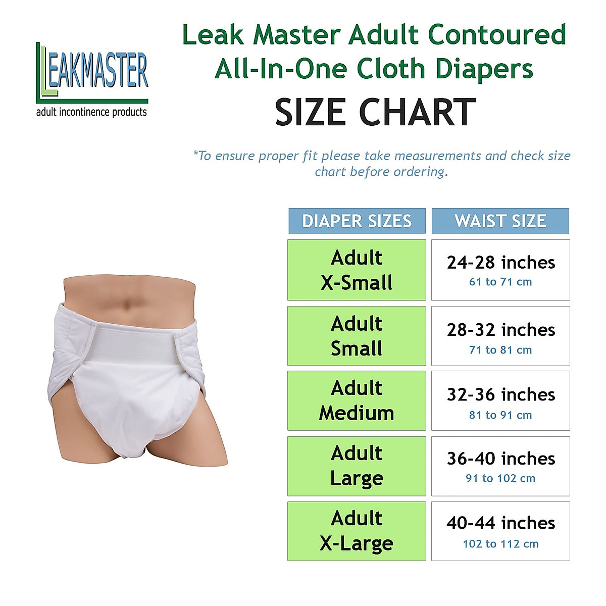 LeakMaster Adult Sized Contoured All in One Cloth Diapers - Hourglass Shaped Multi-Layered Cotton Gauze Interior with PUL Waterproof Outer Moisture Barrier - Medium (Fits 32-36 Inch Waists)