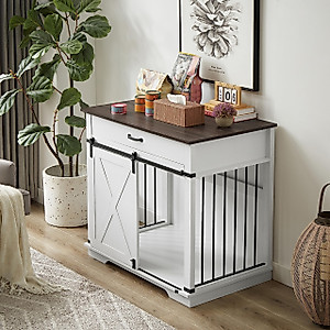 Vliekcy Farmhouse Dog Crate Furniture with Drawer 37.8" Dog Kennel Furniture White Side End Table Dog Crate Indoor Table Dog Cage for Small Medium Dog