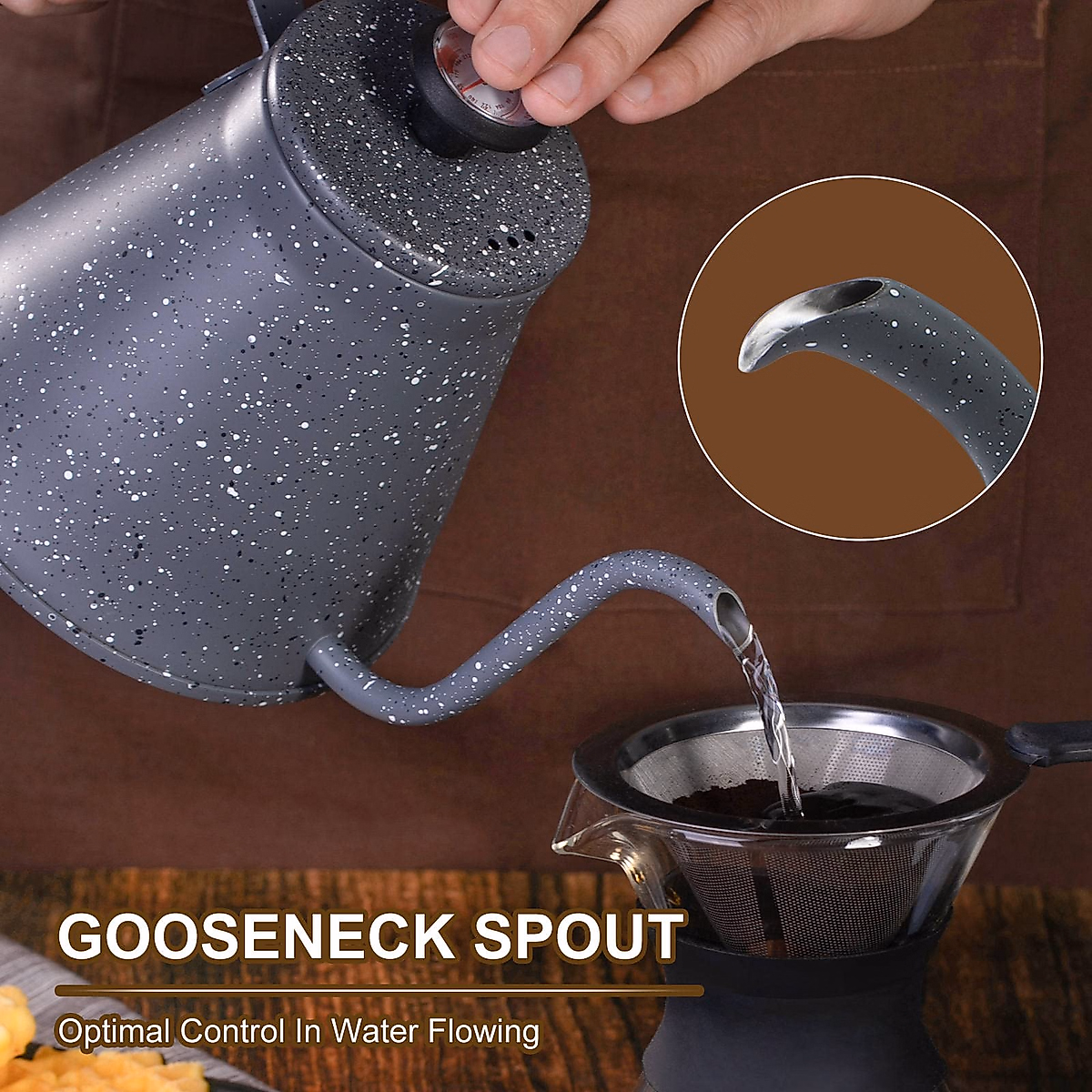 KOTEFFR Gooseneck Kettle for All Stovetops - 40oz/1.2L Coffee Kettle with Optimal Spout and Built-In Thermometer Pour Over Kettle with Premium Food Grade Stainless Steel for Health Protection