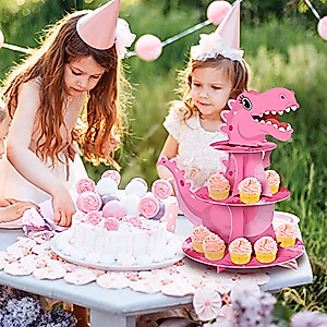 3 Tier Dinosaur Cupcake Stand Party Decorations Dinosaur Theme Cupcake Holder Decorations Dinosaur Dessert Tower for Kids Boys Jungle Dinosaur Theme Party Birthday Supplies (Pink)