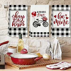 Whaline 4Pcs Valentine's Day Kitchen Towel 28 x 18 Inch White Black Buffalo Plaids Swedish Dish Towel Heart Truck Bicycle Sweet Style Hand Drying Tea Towel for Holiday Kitchen Bathroom Home Supplies