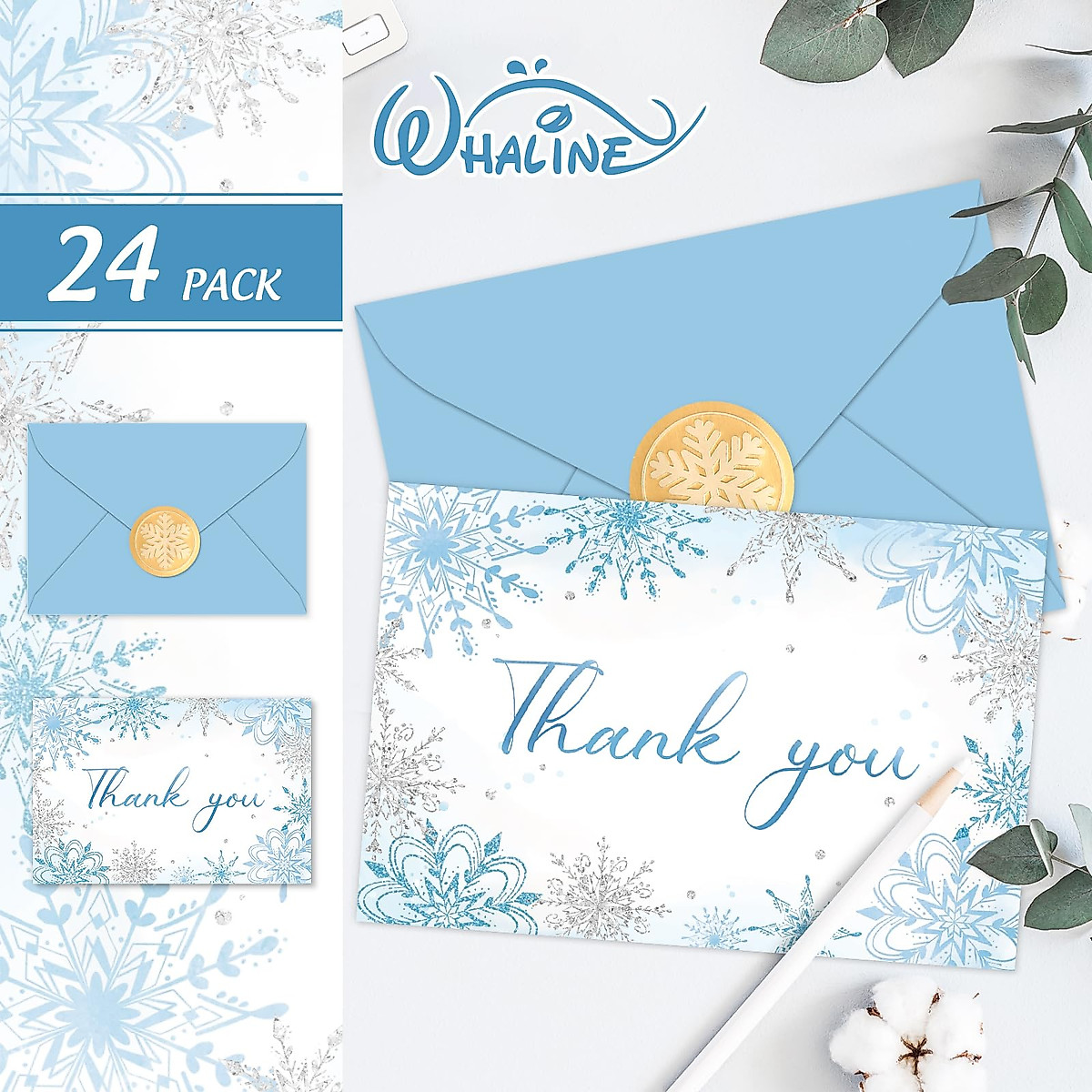 Whaline 24 Pack Christmas Thank You Cards Blue Glitter Snowflake Greeting Cards with Envelopes Stickers Blank Note Cards for Xmas Winter Party Invitation Supplies, 4 x 6 Inch