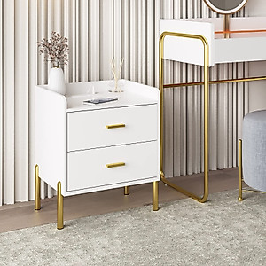 White Nightstand Set of 2,Mid Century Modern End Table with Charging Station,Farmhouse Storage Night Stand Bedside with 2 Drawer