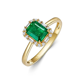 MOLICACI 18K Yellow Gold 1.05 CT Natural Green Emerald Ring, Certified Emerald with Diamonds Halo Set Engagement Wedding Ring for Women, US Size 7