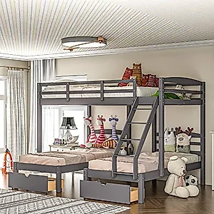 Wood Triple Bunk Bed,Triple Bunk Bed, Full Over Twin & Twin Bunk Bed with Drawers,Frame with Guardrails and Ladder for Kids, Teens, Adults, Space-Saving Design (Gray with Drawers)