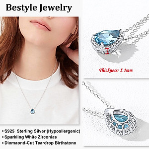 Bestyle 925 Sterling Silver Love Teardrop Cubic Zirconia Necklaces March Aquamarine Birthstone Crystal Pendant for Women, Hypoallergenic Necklaces for Sensitive Skin