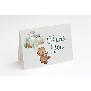 Bear Baby Shower Thank You Cards Watercolor Bearly Wait Teddy Bear Green Olive Sage Brown Balloons Unisex Gender Neutral Printed Cards (24 Count)