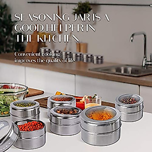 ILEBYGO Magnetic Spice Tins 12pcs Stainless Steel Spice Jars Storage Spice Containers,Clear Top Lid with Sift or Pour,120 Spice Stickers,Magnetic on Refrigerator and Grill