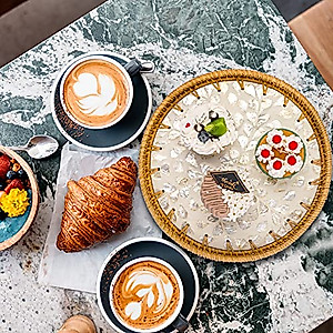 Frcctre 2 Pack Round Rattan Serving Tray with Mother of Pearl Inlay Wooden Base, Decorative Wicker Baskets Woven Serving Tray for Bread Fruit Food Coffee Breakfast, Storage and Display, 2 Sizes