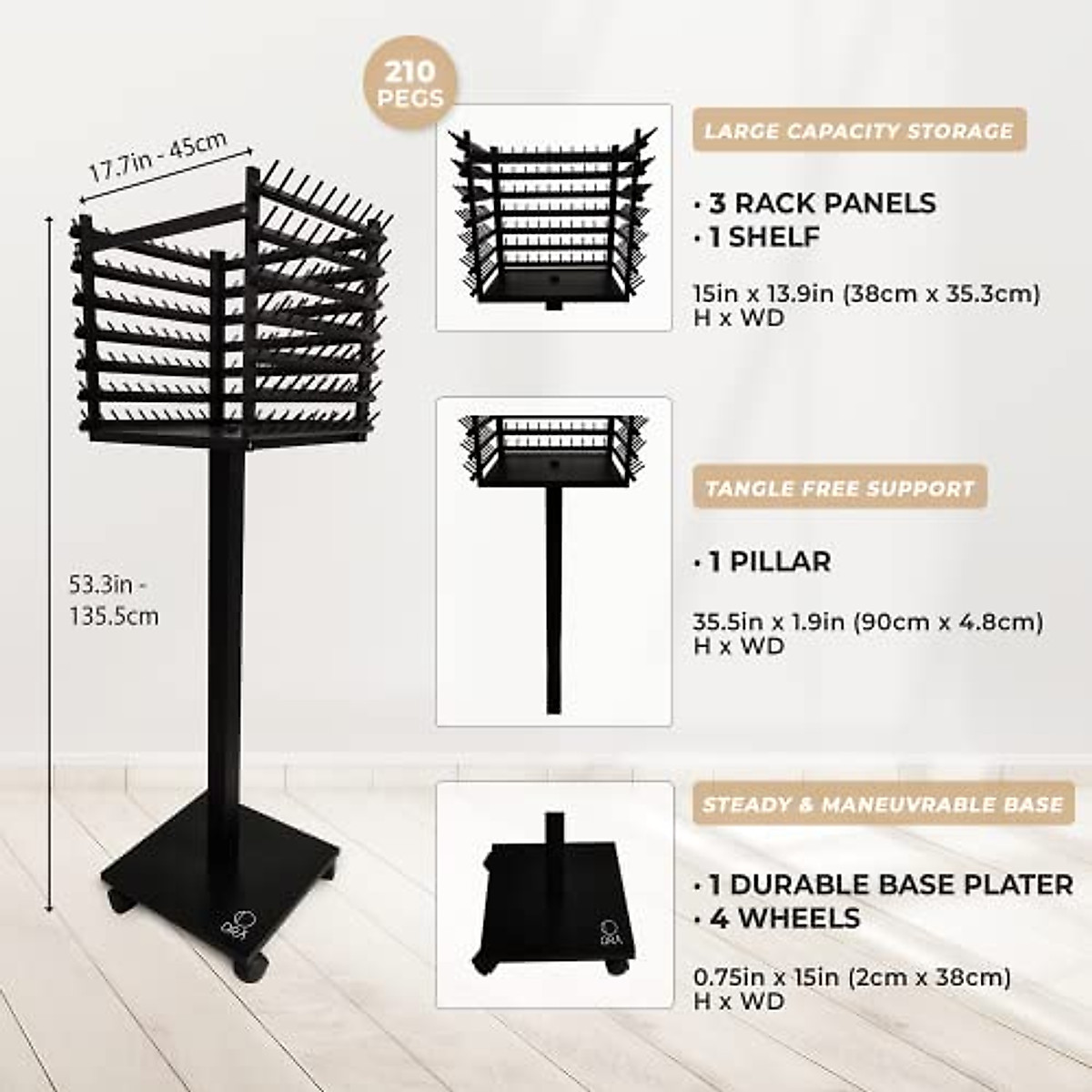 ORA SHOP – Braiding Hair Rack, Hair Extension Holder, Hair Braiding Tools, Hair Product Organizer, Wooden 3-Sided Rack Stand with Large Capacity (210 pegs)