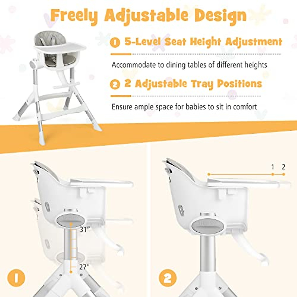 BABY JOY High Chair for Babies & Toddlers, Adjustable Convertible Baby Highchair w/ 5 Heights, Removable Dishwasher Safe Tray, Footrest, 5-Point Safety Harness & Waterproof Seat Cushion, 6-36 Months