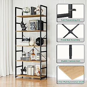 OTK 5 Tier Bookshelf, Tall Bookcase, Office Shelf Storage Organizer, Modern Book Shelf for Living Room, Bedroom, and Home Office, Natural
