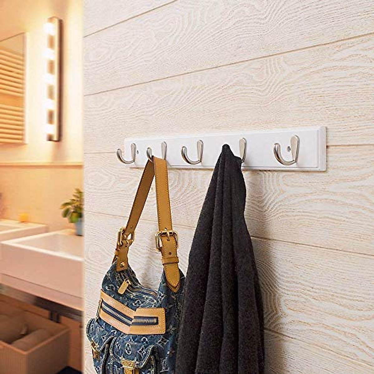 HisweetH Wall-Mounted Heavy Duty Coat Hooks, 100% Natural Bamboo Coat Rack, Towel Bag Key Holder Hanger Hook Rack for Entryway Bedroom Bathroom (White, 5 Hooks)