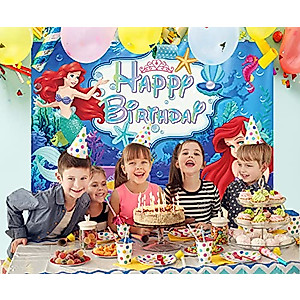 Mermaid Happy Birthday Backdrop, Under The Sea Little Mermaid Birthday Party Supplies for Girls Ariel Mermaid Princess Party Decorations Happy Birthday Banner Cartoon Theme Party Decorations