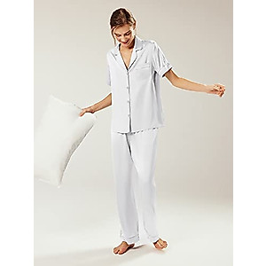 AW BRIDAL Womens Summer Pajamas Set Short Sleeve Silk Pajamas Button Up Pjs Bride Bridesmaid Pajama Set Gift, White M