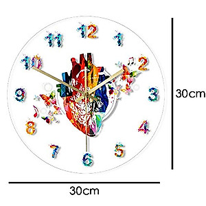 Wall Clocks12 inch Heart Design Anatomy Watercolour Painting Print Acrylic Wall Clock Medical Office Art Decor Cardiovascular Artwork Wall Clock Easy to Read