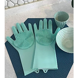 Aconcept 2 pair Dishwashing Cleaning Gloves for Kitchen, Rubber Reusable Scrubber Glove with Marker Pen, Silicone Soft Bristles Gloves for Household Cleaning, Pet Care, Car, Vegetable Washing, Green