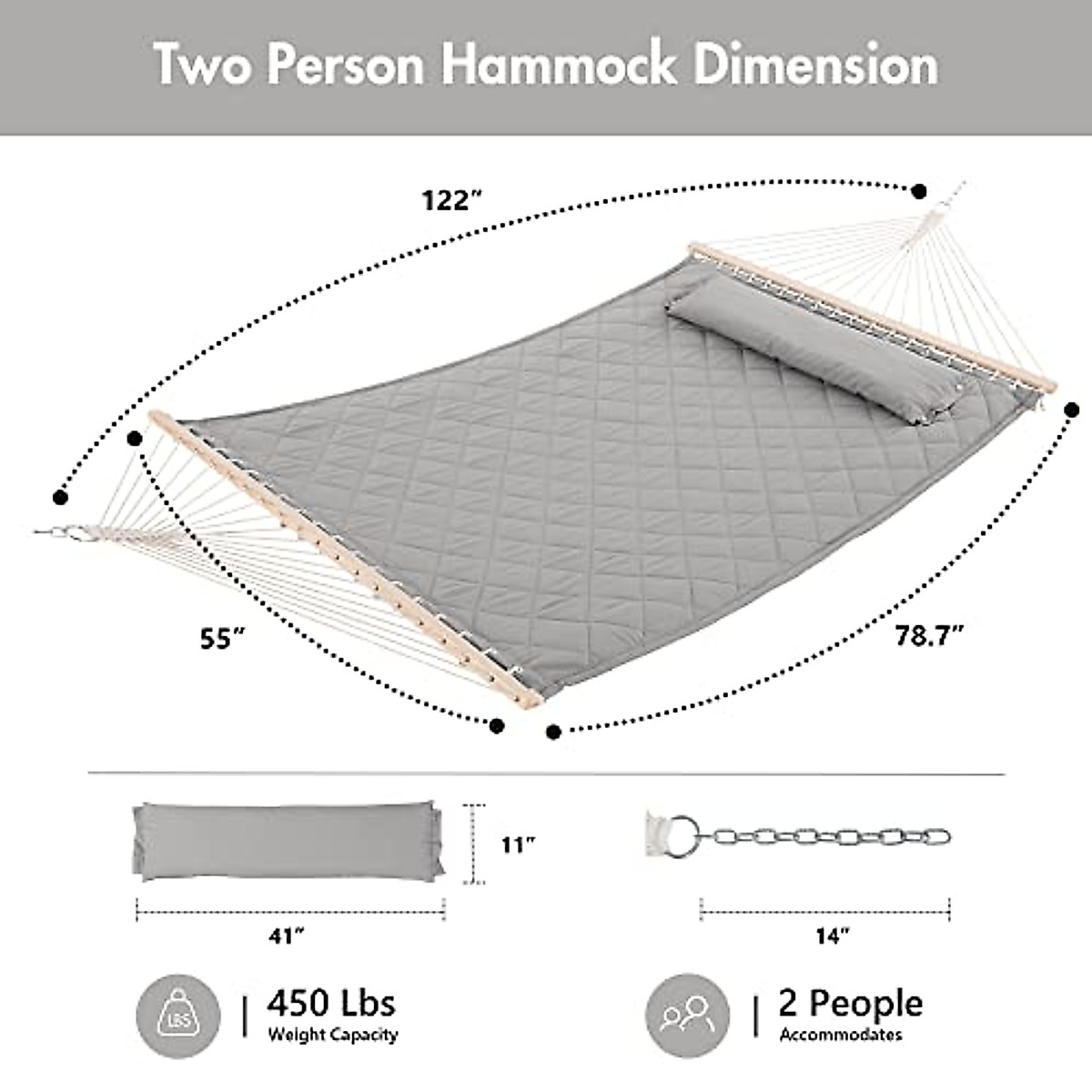 ANOW Heavy Duty Hammock with Spreader Bars and Detachable Pillow, 2 Person Hammock for Outdoors Indoors, 450 LBS Weight Capacity, Light Gray