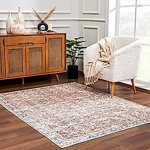 Georgia Collection Bian Machine Washable Area Rug - Oriental Persian Floral Faded Style - Living Room Bedroom Vintage Distressed Carpet - Pet Friendly - Brick Red, Orange, Terra Cotta - 6'7" x 9'