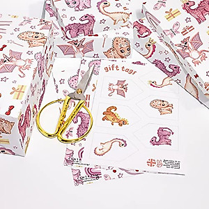 CENTRAL 23 Girls Birthday Wrapping Paper - Dinosaur Rainbow - 6 Gift Wrap Sheets - Pink Wrapping Paper for Kids - Comes With Sticker