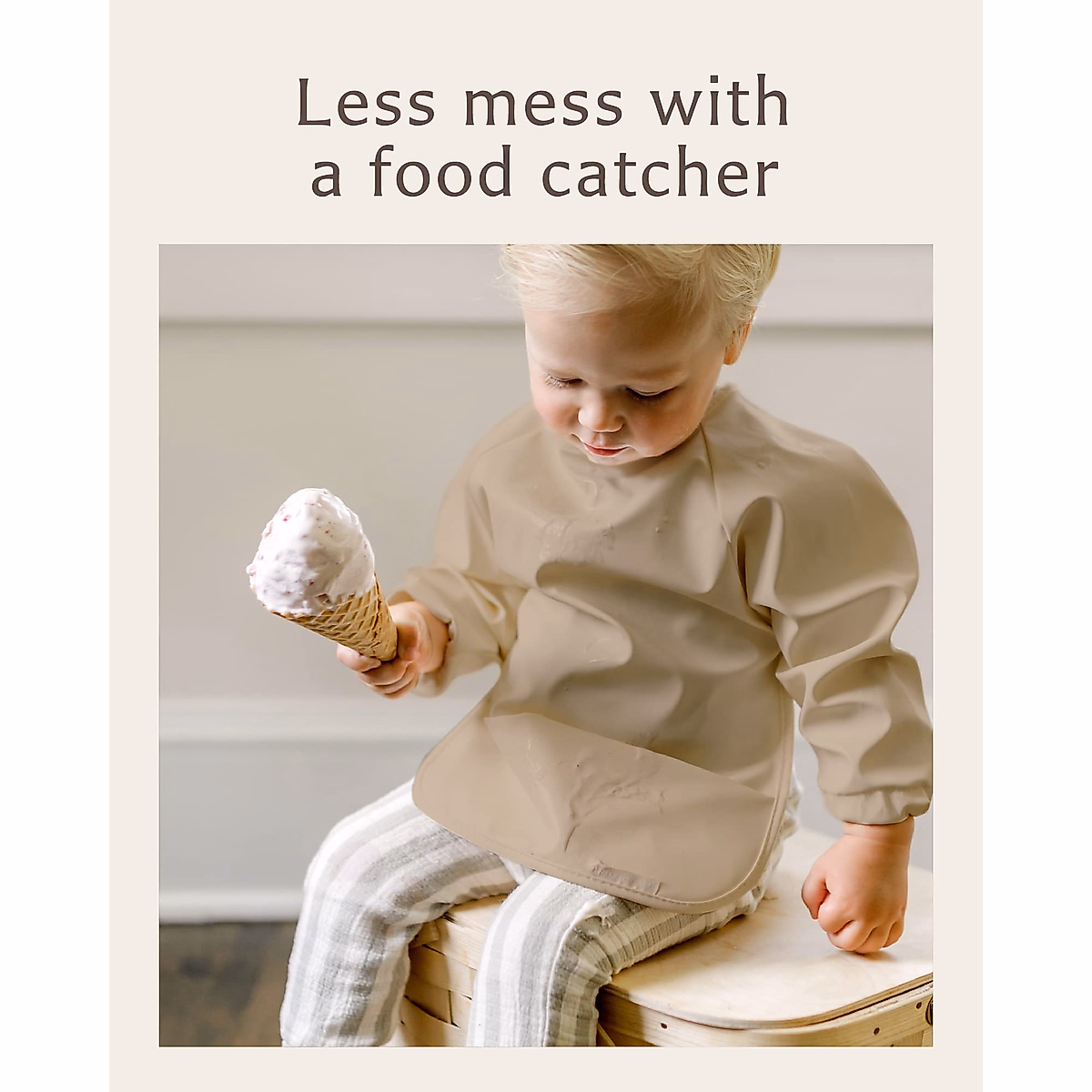 WILLOW + SIM Long Sleeve Baby Bibs - Wipe Clean, Washable with Food Catcher - Long Sleeve Bib for Babies, Toddler - Irish Cream