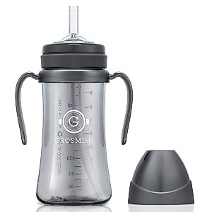GROSMIMI Spill Proof no Spill Magic Sippy Cup with Straw with Handle for Baby and Toddlers, Customizable, PPSU, BPA Free 10 oz (Charcoal)