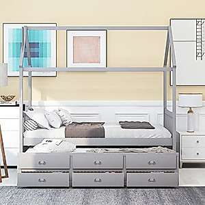 TARTOP Twin Size House Bed with Trundle and 3 Storage Drawers, Twin Captain's Beds Wooden Storage Daybed Frame for Kids Teens Boys Girls,Gray