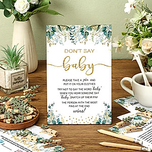 Patelai 321 Pcs Baby Shower Games Supplies, 5 Sets (50 Cards Each) Activities Cards with 20 Pencils 1 Don't Say Baby Sign 50 Clothespin(Greenery)