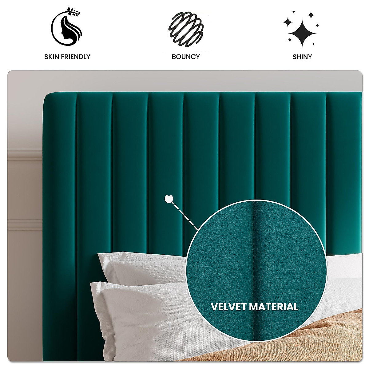 SHA CERLIN King Upholstered Platform Bed Frame with Vertical Channel Tufted Velvet Fabric Adjustable Headboard, Wooden Slats Support, Mattress Foundation, Box Spring Optional, Teal