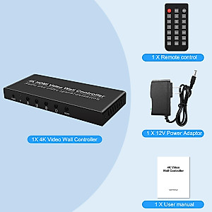 Video Wall Controller HDMI 1X4,Splicing Professional Processor with 4 HDMI+3.5mm Audio Output 180 Degree Rotate TV Wall Display 8 Splicing Modes 1x1, 1x2, 1x3, 1x4, 2x1, 3x1,4x1, 2x2