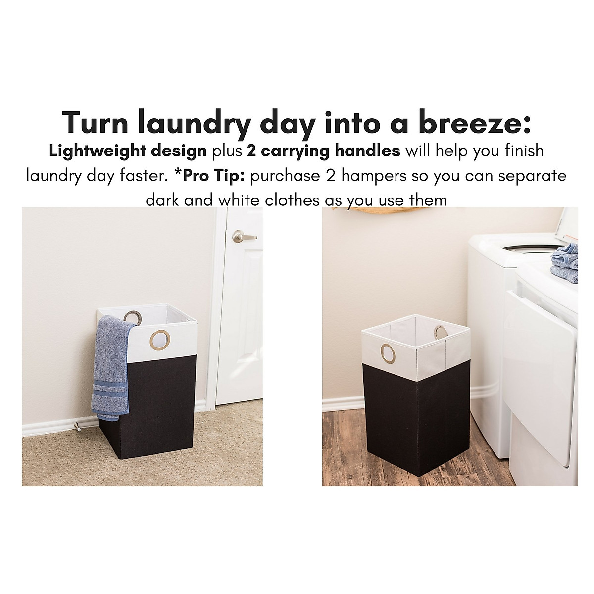 BirdRock Home Folding Cloth Laundry Hamper with Handles - Dirty Clothes Sorter - Easy Storage – Collapsible Bin – Home Organization – Black and White