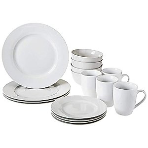 Amazon Basics 16-Piece Porcelain Kitchen Dinnerware Set with Plates, Bowls and Mugs, Service for 4 - White