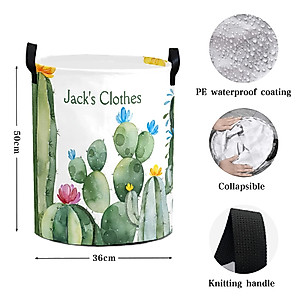 Grandkli Green Cactus Succulents Flowers Personalized Freestanding Laundry Hamper, Custom Waterproof Collapsible Drawstring Basket Storage Bins with Handle for Clothes, Toy, 50cm x 36cm