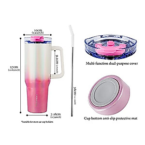 Murmioo 40OZ Tumbler with Handle and Straw,Insulated Leak Proof Double Walled Stainless Steel Travel Mug,Reusable Water Bottle Cup，keep Cold Ice，Hot water for Hours(Pink white gradient)