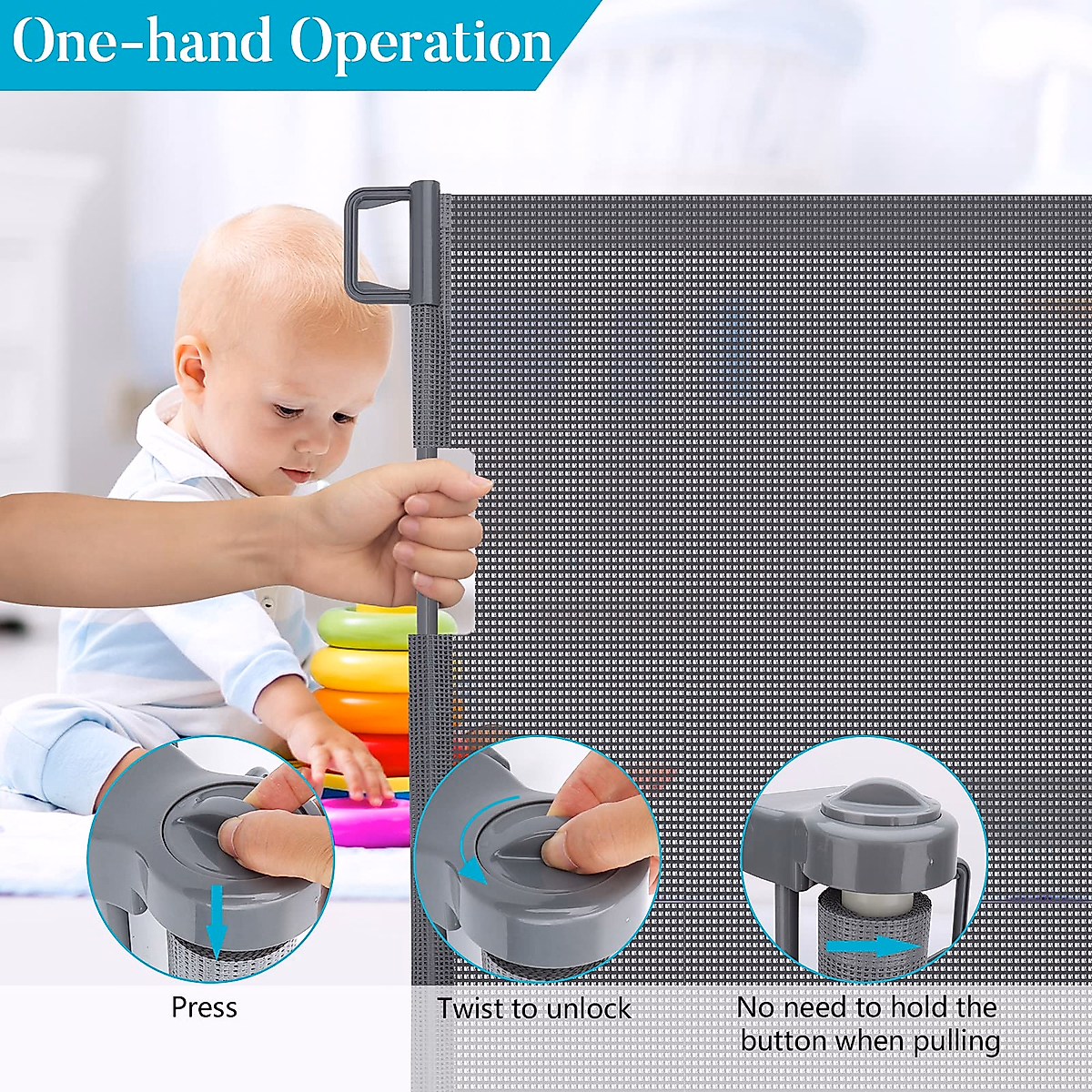 Retractable Baby Gate, Extra Wide Child Mesh Safety Gate with 2 Sets of Mounting Hardware, Pet Dog Gate 34" Tall, Extends to 59" Wide for Stairs, Doorways, Hallways, Deck, Banisters Indoor/Outdoor